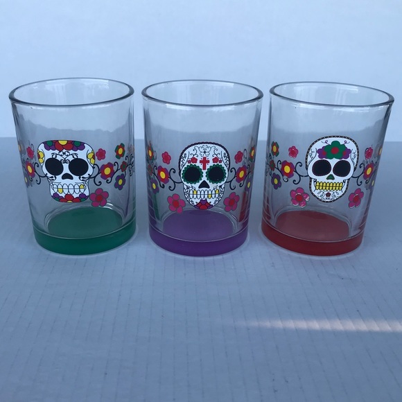 Tmd Holdings | Dining | Set Of 3 Sugar Skull Drinking Glasses Day Of ...